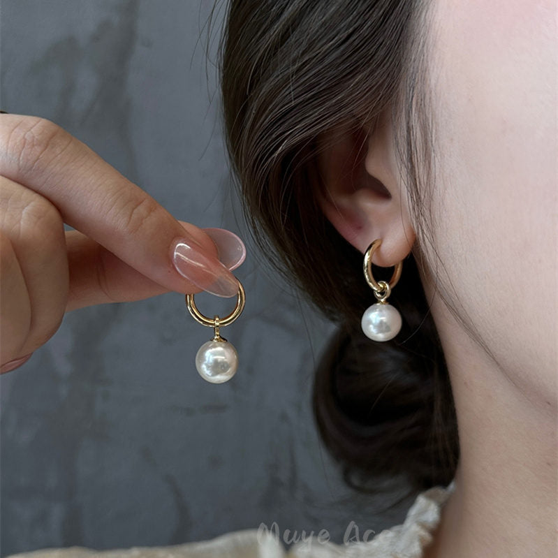 10mm Big Pearl and Gold Hoop Earrings Elegant Pearl Drop Earrings S925 ...