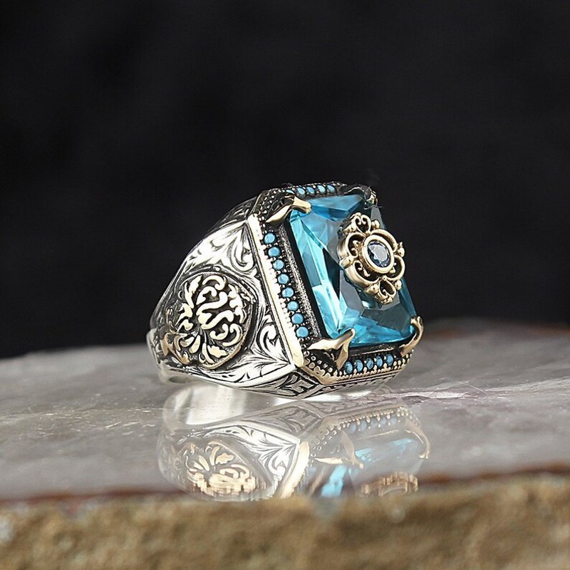 Shield Ring for Men Colored Stone Classic Ring Ancient Silver Style ...