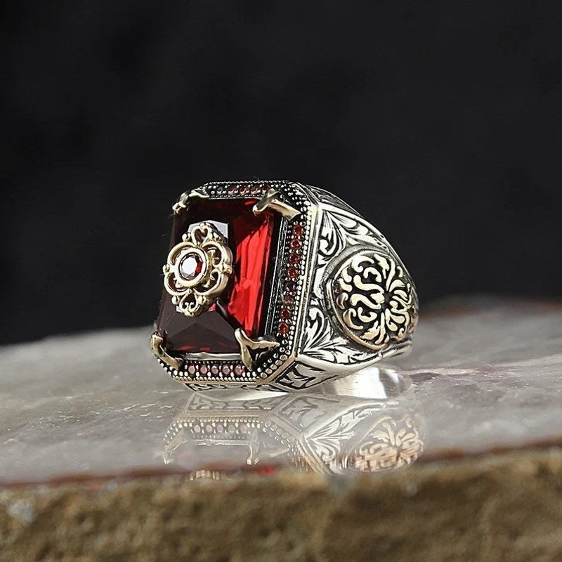 Shield Ring for Men Colored Stone Classic Ring Ancient Silver Style ...