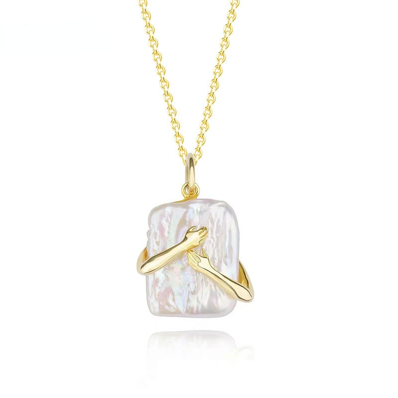 Designed Square Big Baroque Pearl Pendant Necklace in 14K Gold and Ste ...